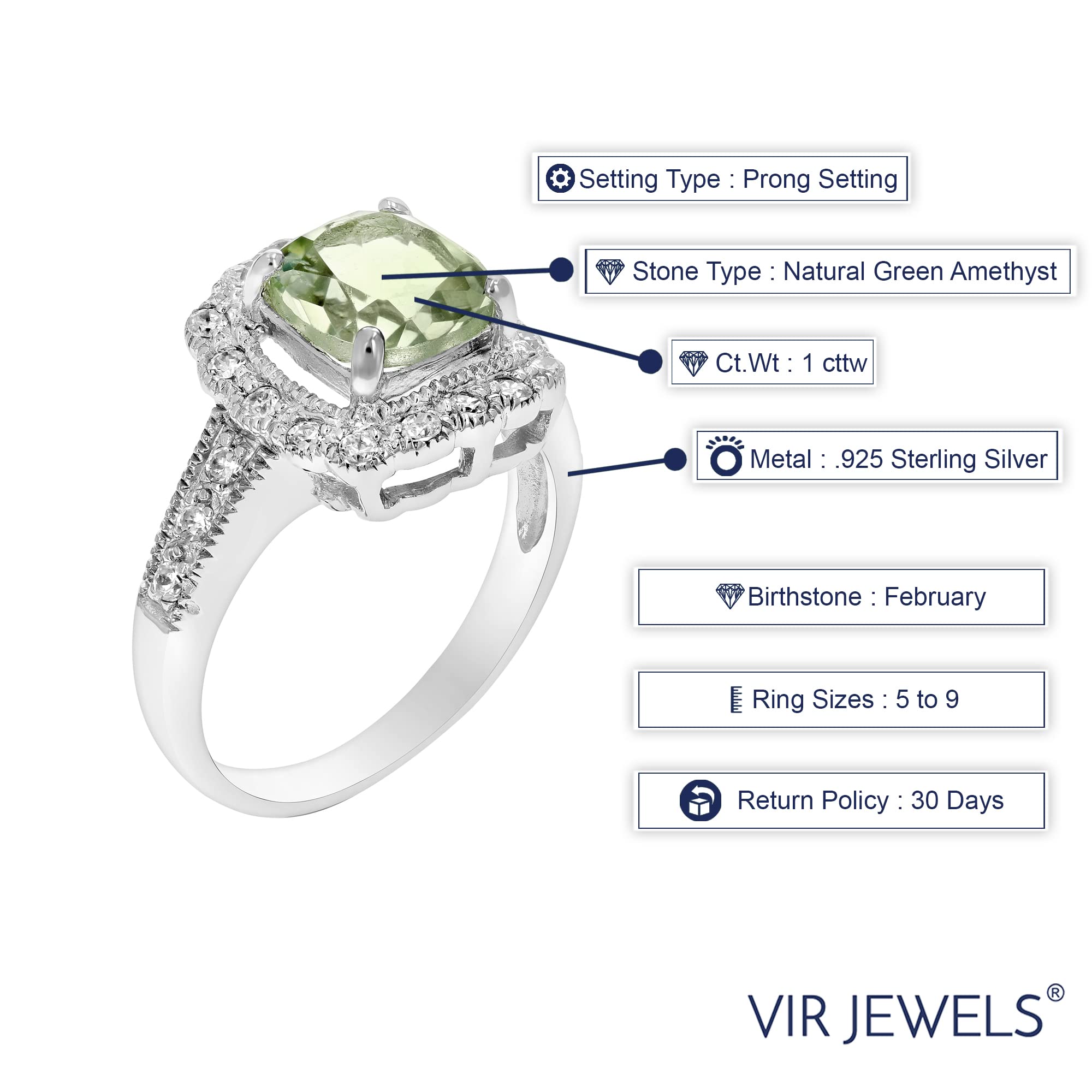 1 cttw 7 MM Cushion Cut Green Amethyst Prasiolite Ring in .925 Sterling Silver Size 9