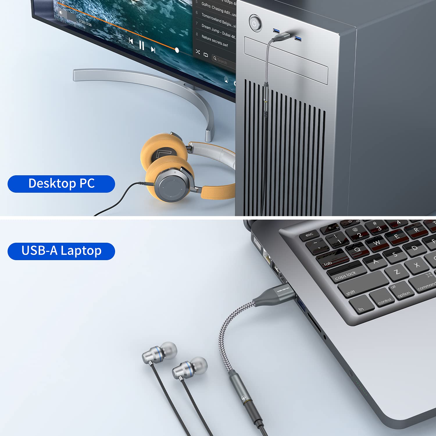 USB to 3.5mm Audio Adapter,2-in-1 USB A/USB Type C to 3.5mm Female Jack Cable Stereo Sound Card for Headphone,Mac,PC,Laptop,Desktops Samsung Galaxy S24 S23,iPhone 16/15 15 Pro Max iPad Pro MacBook
