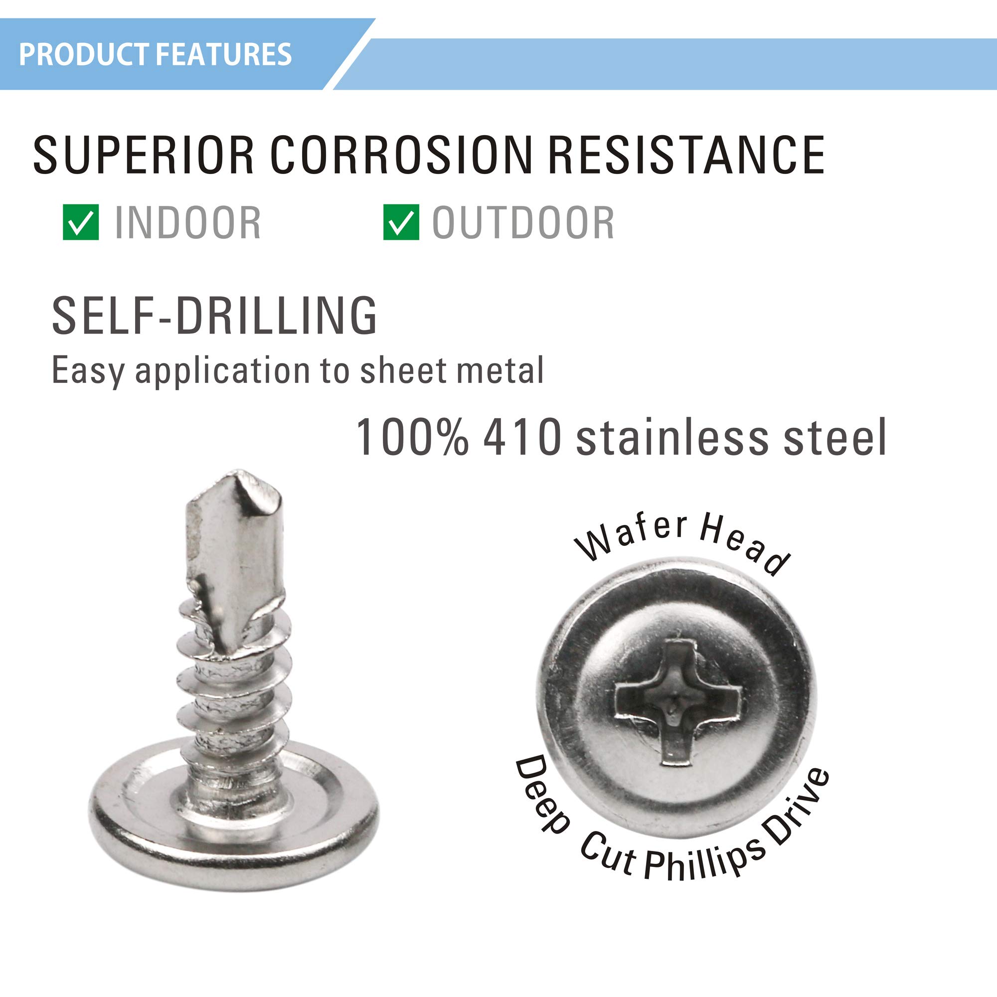 Jetovo 100 Pack 410 Stainless Steel Wafer Head Phillips Self Drilling Screws Sheet Metal Tek Screws, Modified Truss Head Self Driller - Size: #8 x 1/2"
