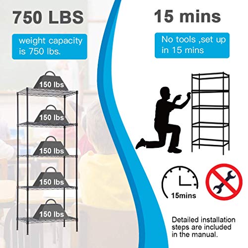 5 Tier Wire Shelving Unit Metal Storage Shelves Heavy Duty Metal Shelf Organizer Layer NSF Certification Commercial Grade Utility Rack for Bathroom Office Kitchen Garage Restaurant (14"Dx24"Wx60"H)