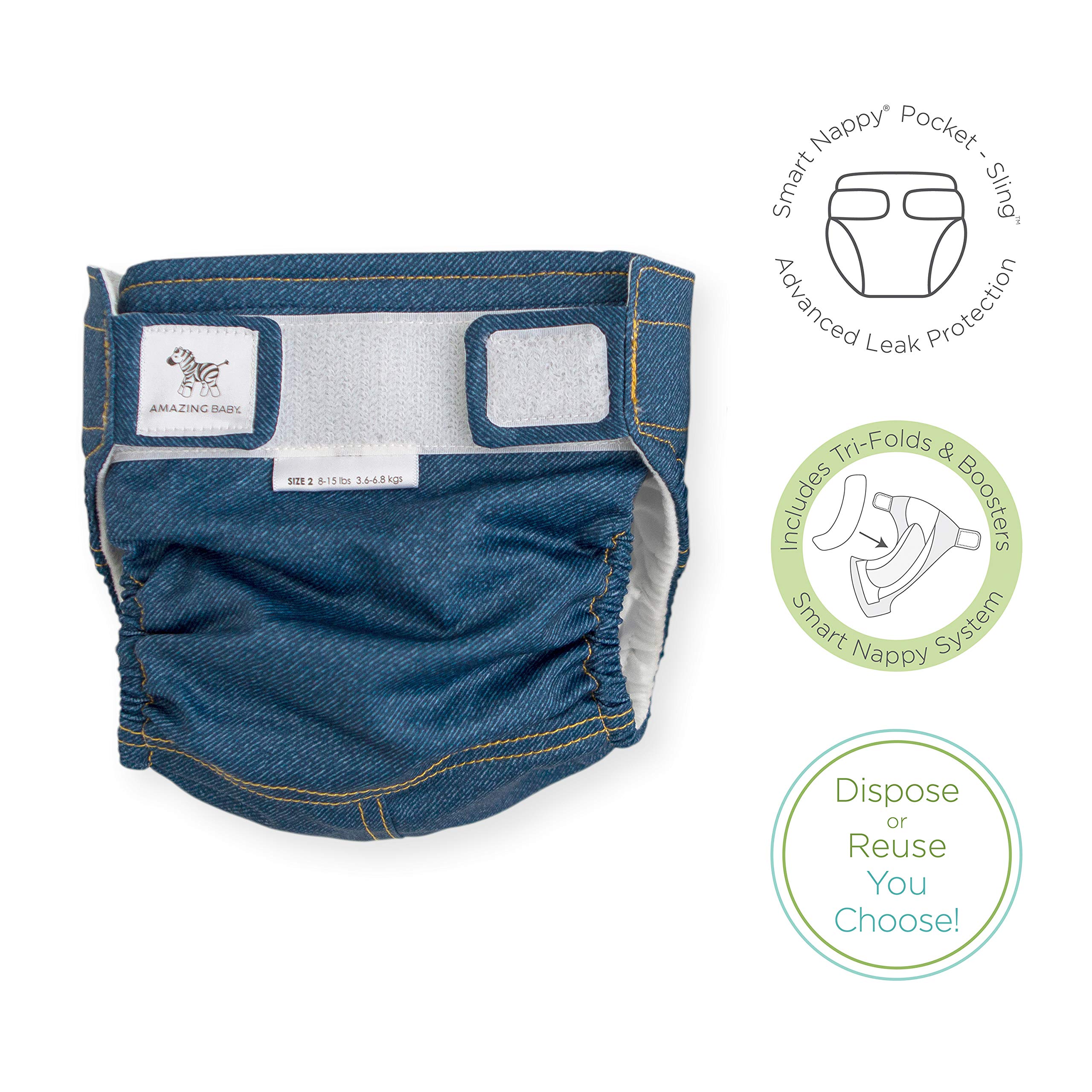 Amazing Baby Hybrid Cloth Diaper Cover/Swim Diaper, Small, Sz 2 (8-15 lbs), Use Boosties Disposable or Reusable Inserts, Blue Jean, SmartNappy Set: Cover + Tri-Fold + Booster Pad