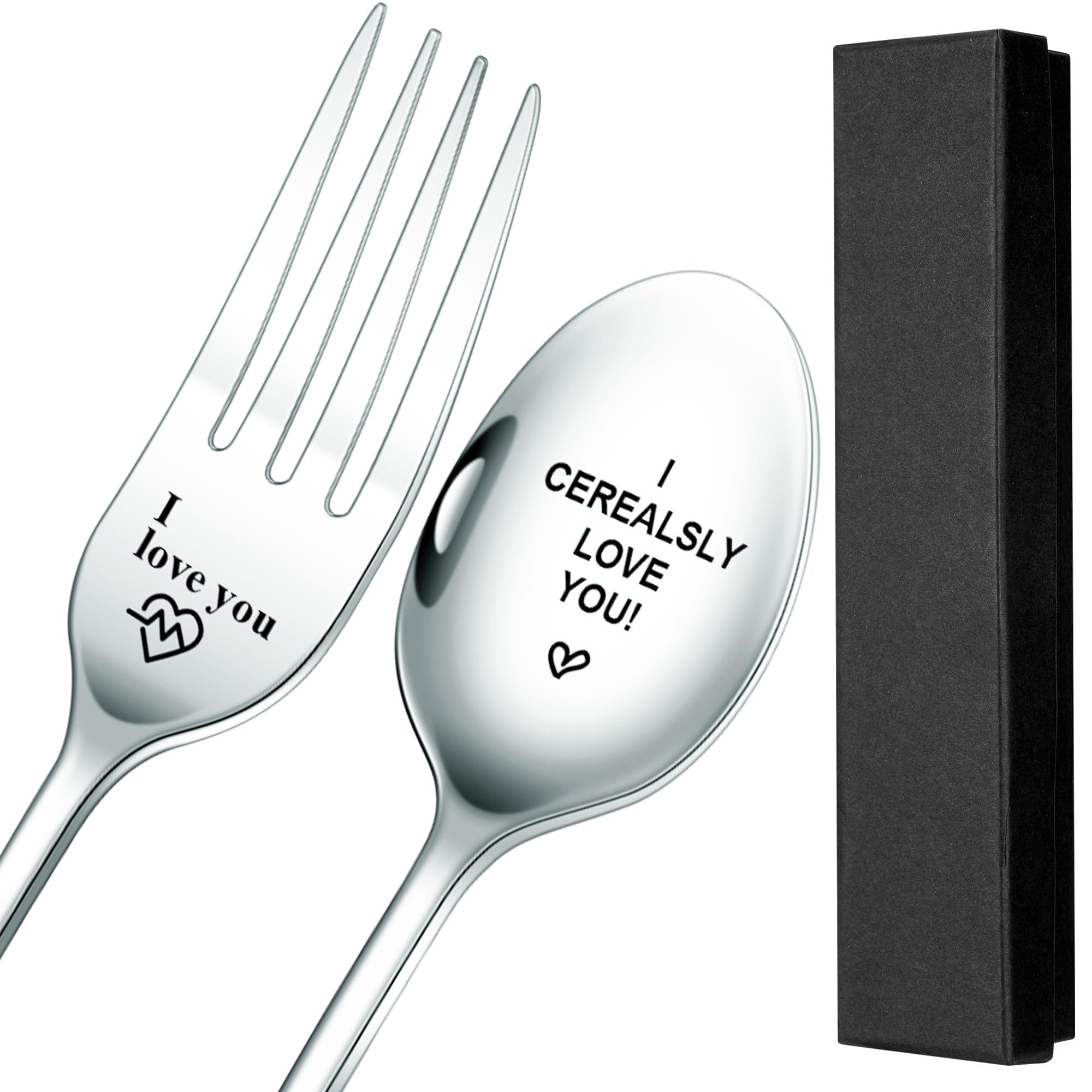 2 Pcs I Love You Engraved Spoon and Fork Set Valentine's Gifts for Boyfriend Girlfriend Couples I Love You Funny Fork Stainless Steel I Cerealsly Love You Cereal Spoon in Gift Box