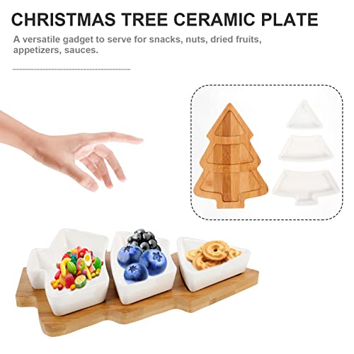 DOITOOL Christmas Ceramic Serving Dish Removable Xmas Tree Snack Appetizer Tray Dessert Platter Porcelain Jewelry Plate with Bamboo Base for Holiday Wedding Home Party White