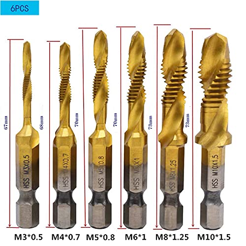 6 Pcs Titanium Combination Drill Tap HSS Bit Set,3 in 1 Drilling Tapping Burr Bit Set Screw Tapping with 1/4 Inch Hex Shank for Alloy, Wood, Plastic, Soft Metal, Etc.M3-M10(Long Handle