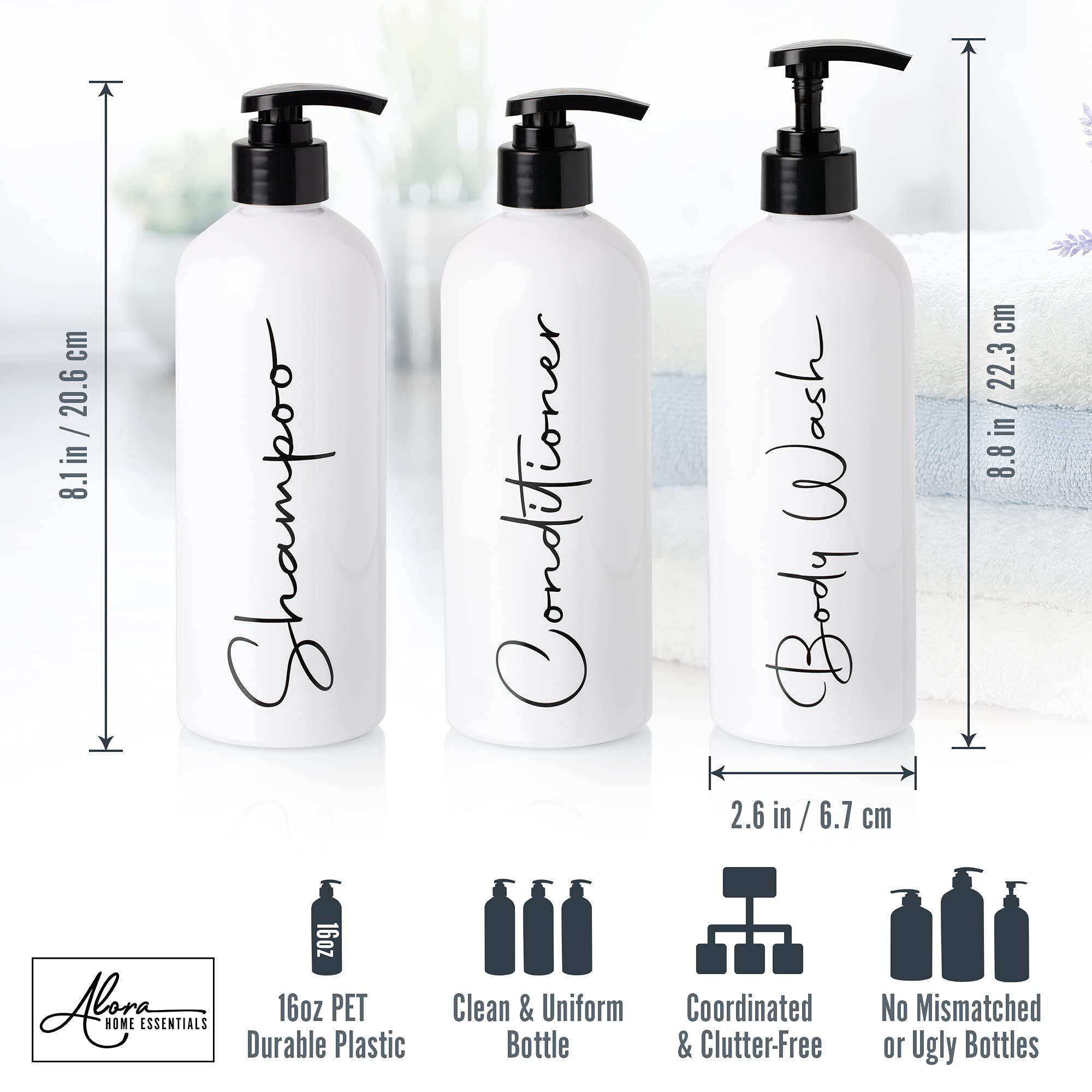 Alora 16oz Refillable Shampoo and Conditioner Dispenser Bottles - Set of 3 - Pump Bottle Dispenser for Shampoo, Conditioner, Body Wash - Empty Plastic Refillable Containers for Shower, Matte White