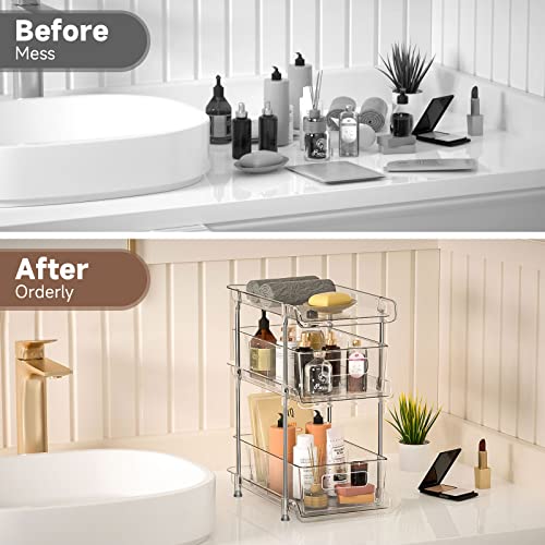 2Set 3 Tier Clear Bathroom Organizer with Dividers, Pull-Out Pantry Organization and Storage, Multi-Purpose Under Sink Organizers and Storage, Vanity Skincare Cosmetic Closet Organizer Medicine Bins