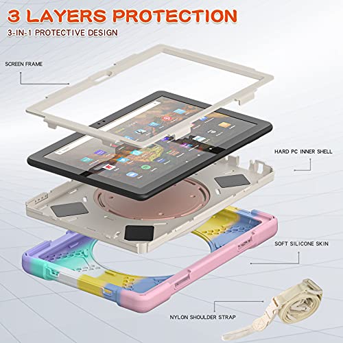 KENOBEE All-New Fire HD 10 & Fire HD 10 Plus Tablet (10.1", 11th Generation, 2021) Case, 360 Rotating Stand Multi-Functional Grip Rugged Heavy Duty Shockproof Protective Kickstand Cover,Rainbow Pink