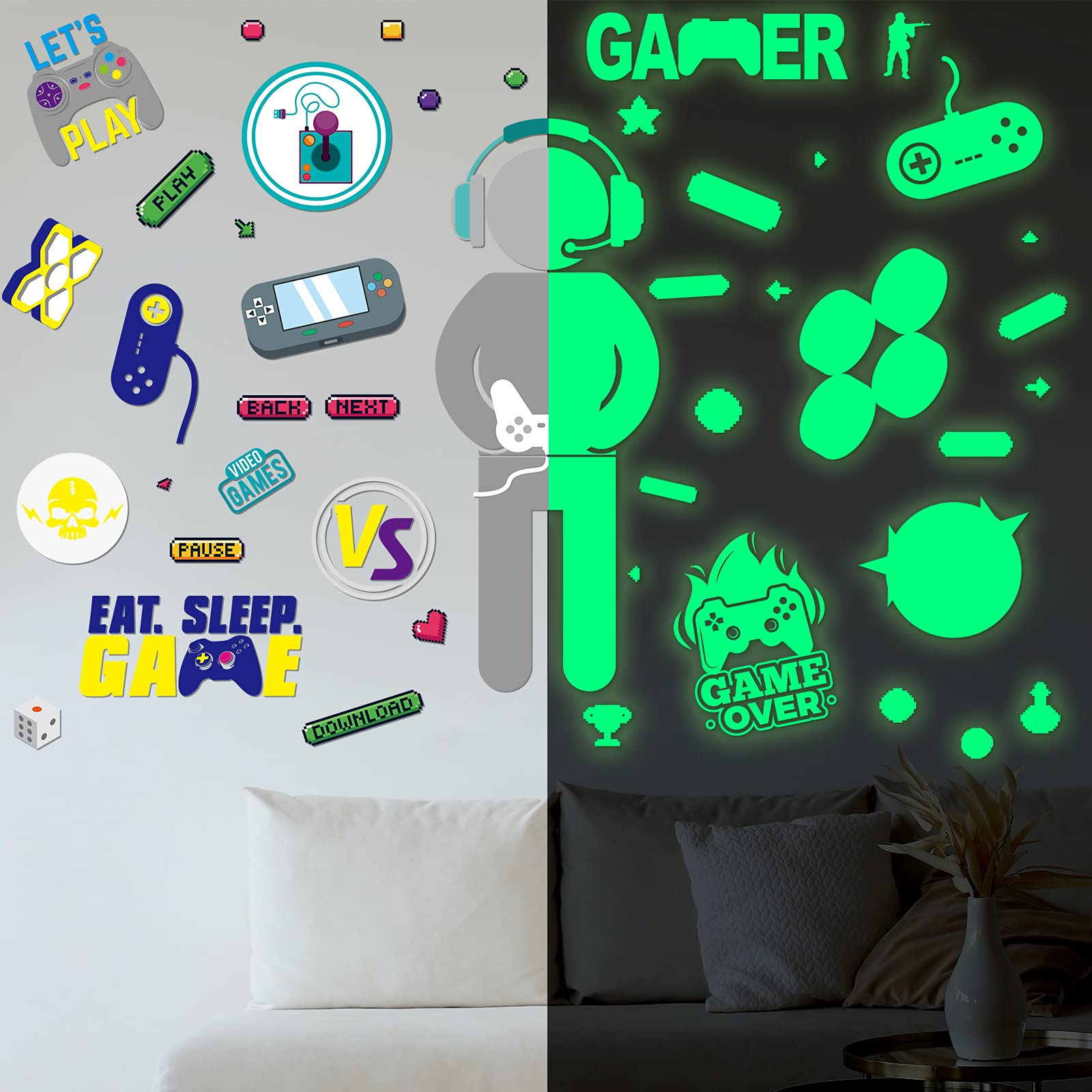 4 Sheets Gamer Wall Sticker Glow in The Dark Gamer Wall Decals Boy Children Video Game Room Decor Gaming Controller Wall Stickers Removable Wall Art for Kids Men Playroom Living Room