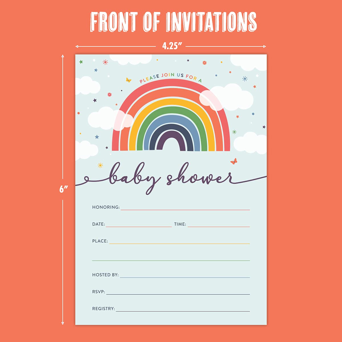 Koko Paper Co Rainbow Baby Shower Invitations and Diaper Raffle Tickets | 25 Fill-in Invitations, 25 Bright White Envelopes and 25 Diaper Raffle Tickets | 75 pcs Total | Printed on Heavy Card Stock.