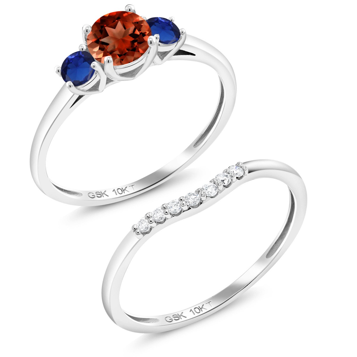 10K White Gold Red Garnet and Blue Created Sapphire and White Lab Grown Diamond 3-Stone Bridal Engagement Wedding Ring Set For Women (0.88 Cttw, Gemstone January Birthstone, Round 5MM, Size 5)