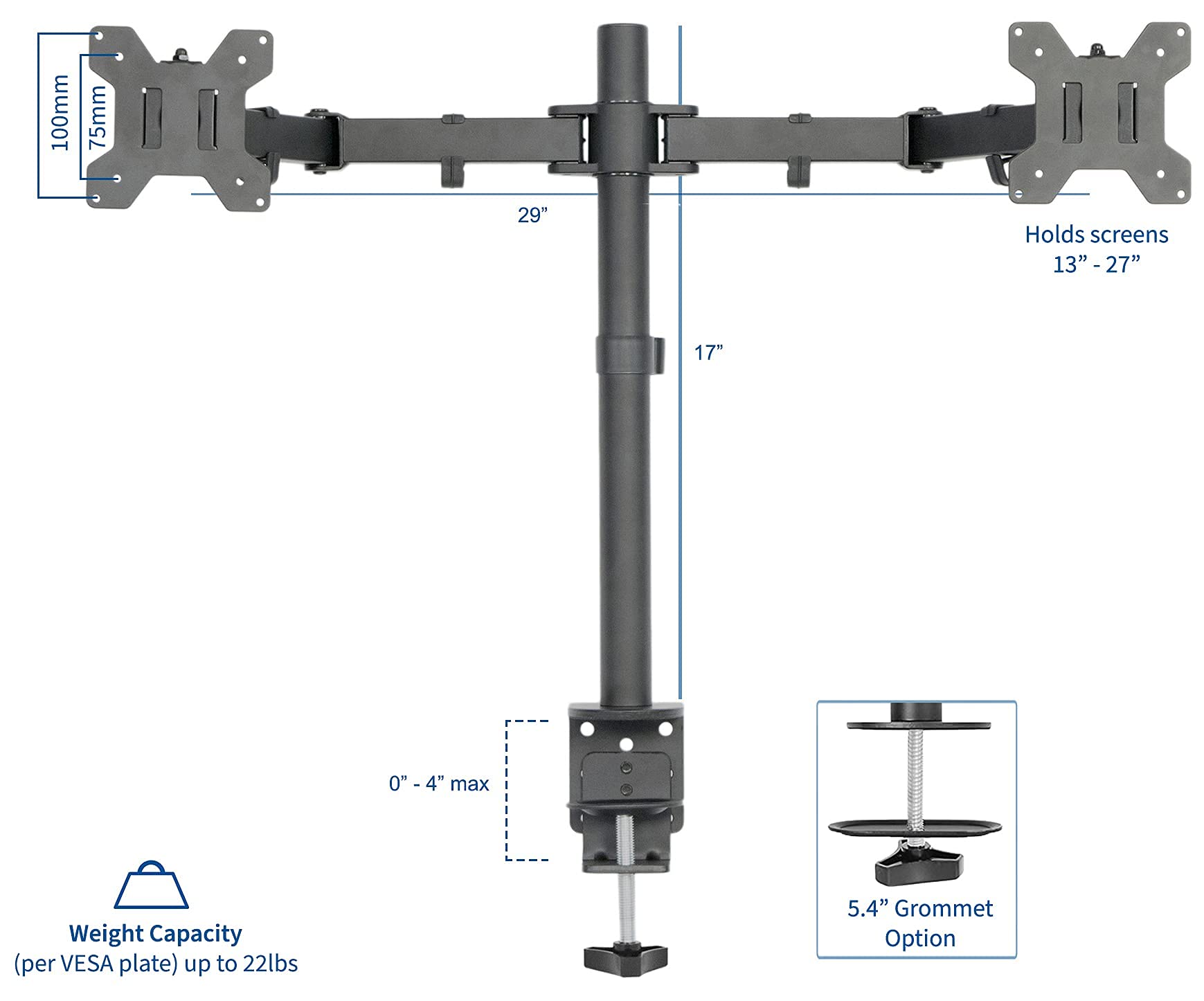 VIVO Dual 13 to 27 inch LCD Monitor Mount and Under Desk C-clamp 27 x 11 Keyboard Tray Kit, Heavy Duty, Fully Adjustable Stand and Slide-Out Platform (Bundle)