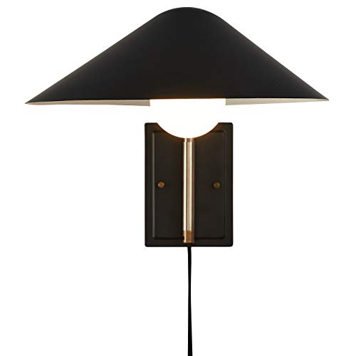 Amazon Brand β Rivet Mid-Century Swiveling Long Arms, Pivoting Head, Plug-In, Hardwire or 2-in-1 Option Wall Sconce with Bulb, 11"H, Matte Black with Antique Brass - 51457