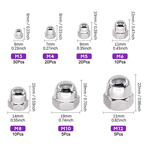 100Pcs 304 Stainless Steel Serrated Metric Acorn Cap Nuts Hex Dome Cap Assortment Kit, 7 Sizes - M3 M4 M5 M6 M8 M10 M12