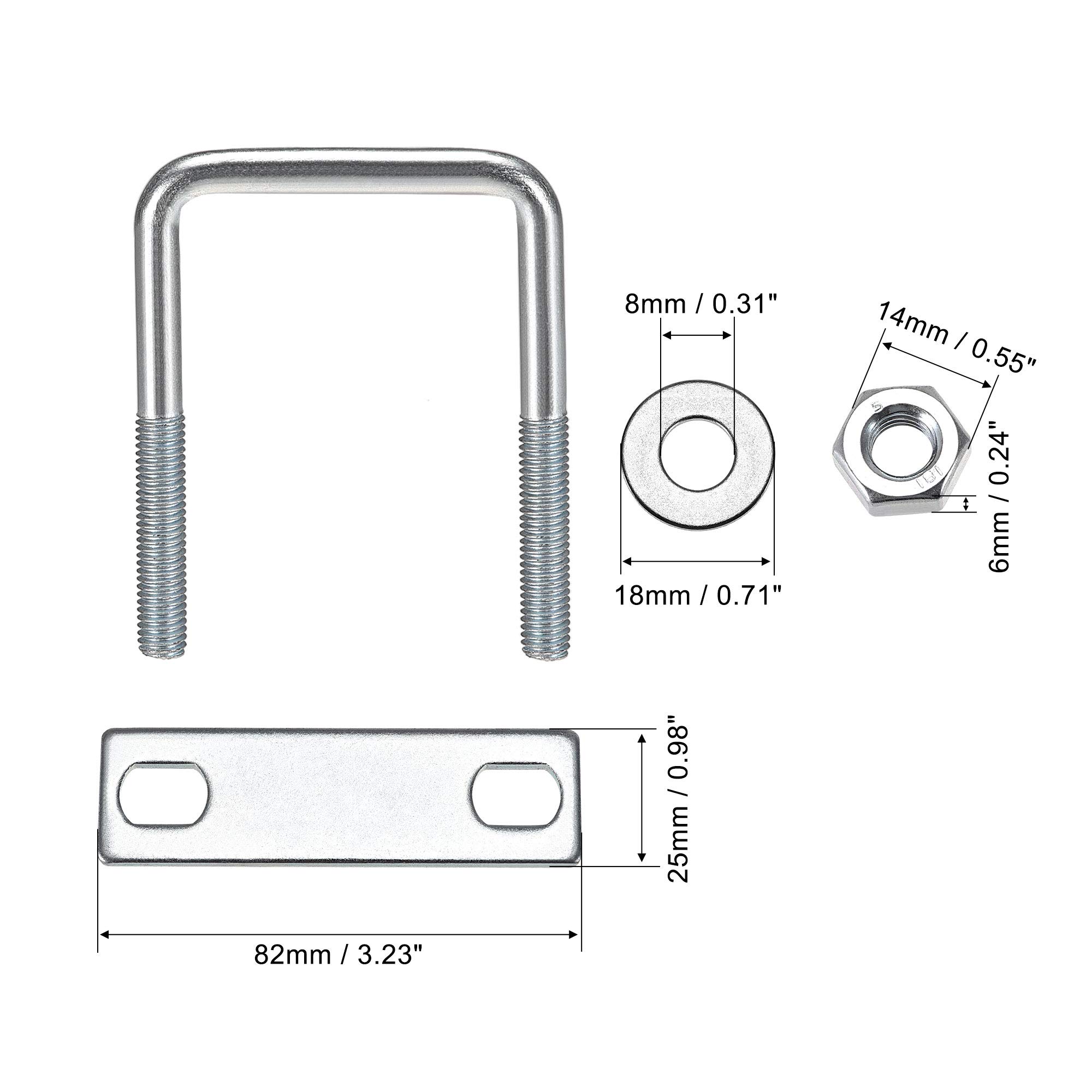 uxcell Square U-Bolts 2"(50mm) Inner Width Carbon Steel M8 with Nuts, Frame Plate, Round Washers 4 Set