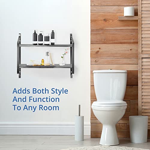 Halter Floating Shelves, 2 Tier Wall Mounted Shelves, Heavy Duty Brackets, Industrial Wood, Mounted, Above Toilet Bathroom Shelves, Bathroom Hanging Shelves with Curved Brackets, Medium, Grey Wood