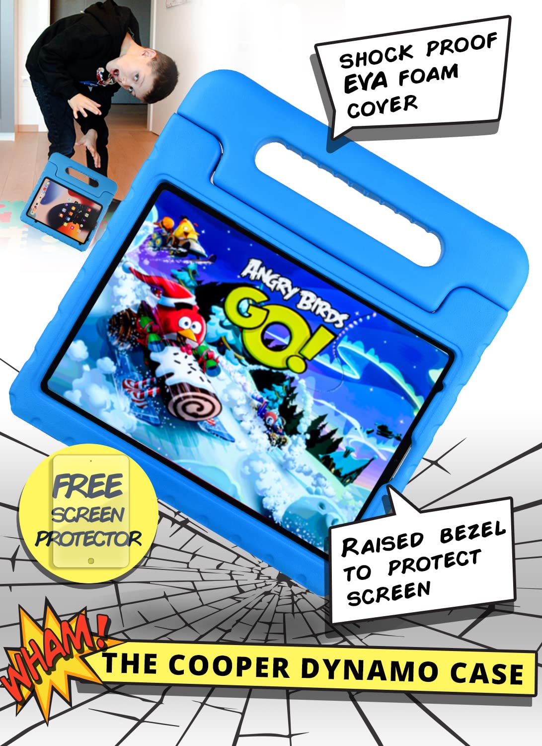 Official Cooper Dynamo for iPad Pro 11 inch Case for Kids 4th/3rd/2nd/1st Generation 2022/2021/2020/2018 | Rugged Foam, Magic Handle, Stand, with Pencil Holder, Eco-Mailer