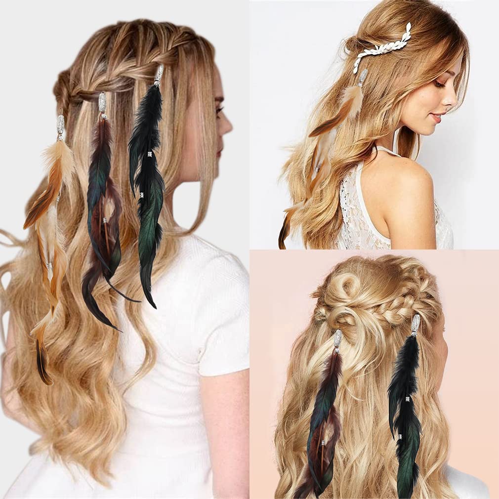 New Feather Hair Clip Extensions Handmade Feather Extension Tribal Feather Braided Beads Headdress 6 PCS