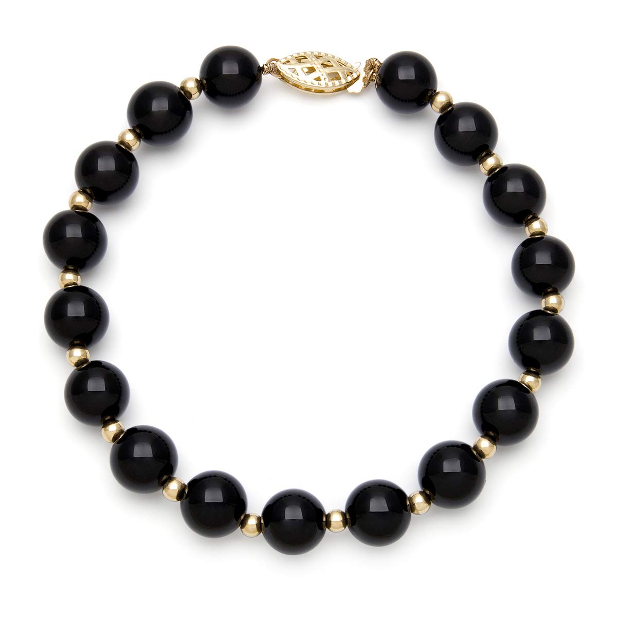 10k Yellow Gold Black Onyx Beaded Bracelet for Women, 7.5"