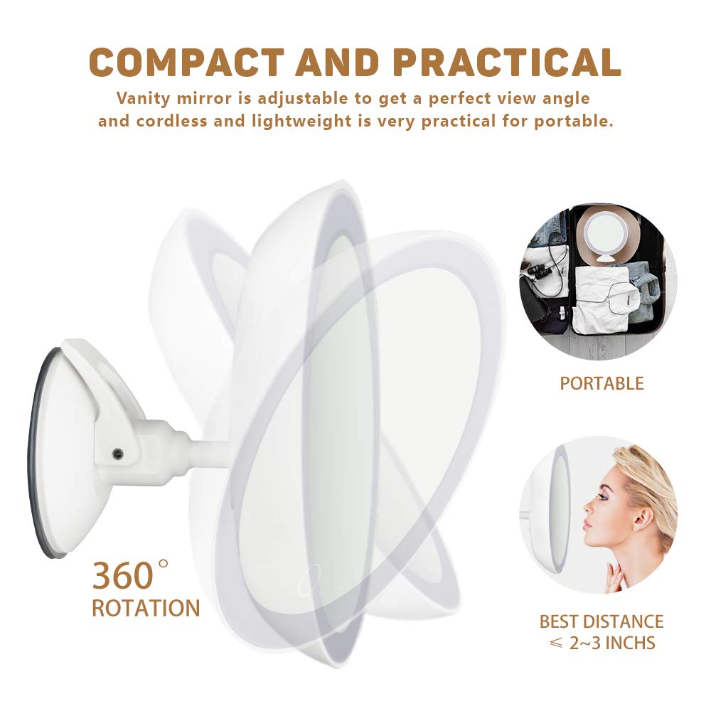 10X Magnifying Mirror with Lights,Lighted Magnifying Makeup Mirror with Lights Led Lighted Makeup Mirror with Touch Sensor,Dimmable,Powerful Suction Cup,360°Rotation for Travel Home