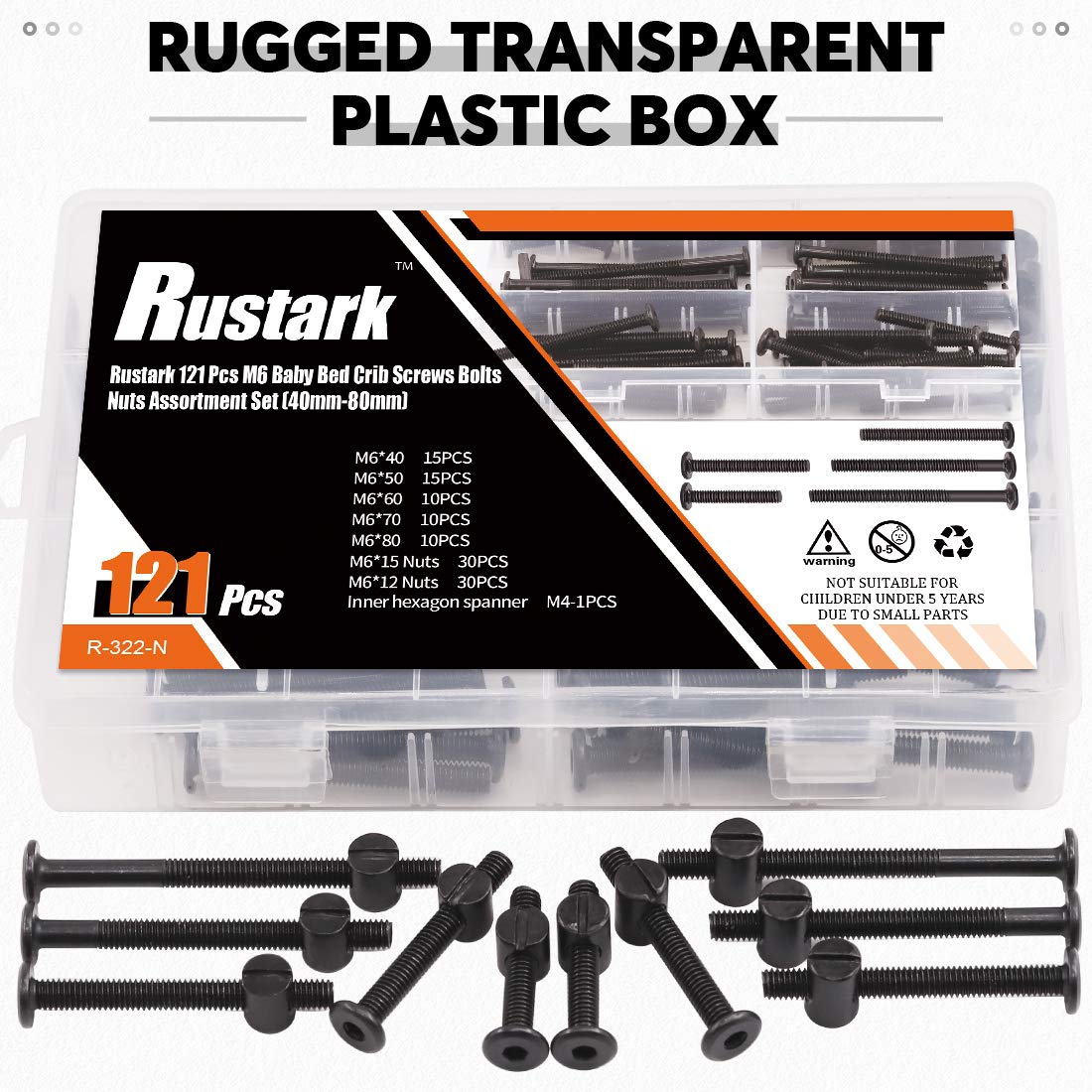 Rustark 121 Pcs Baby Bed Crib Screws Bolts Nuts Assortment Set M6 Hex Socket Head Cap Screws, Barrel Bolt Nuts Hardware Replacement Kit for Furniture Cots Beds Crib and Chairs (40mm-80mm)