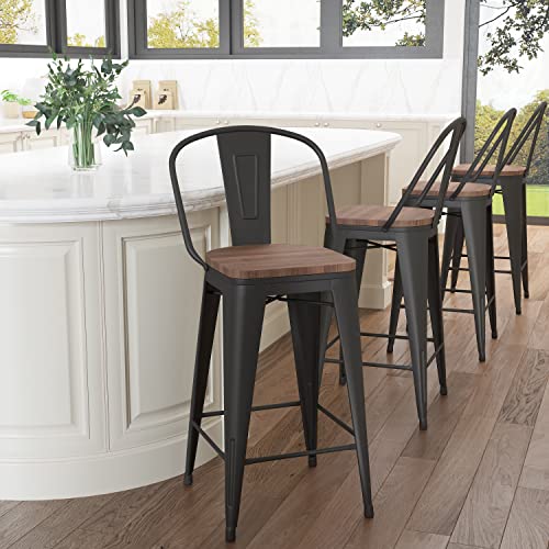 Aklaus Metal Bar Stools Set of 4,26 inch Barstools Counter Height Bar Stools with Backs Farmhouse Bar Stools with Larger seat High Back Kitchen Dining Chairs Modern Bar Chairs Matte Black Stool