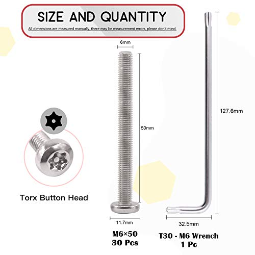 Hilitchi M6 30PCS Button Head Torx Security Screws Stainless Steel Tamper Proof Screws w T30 Bit (M6X50)
