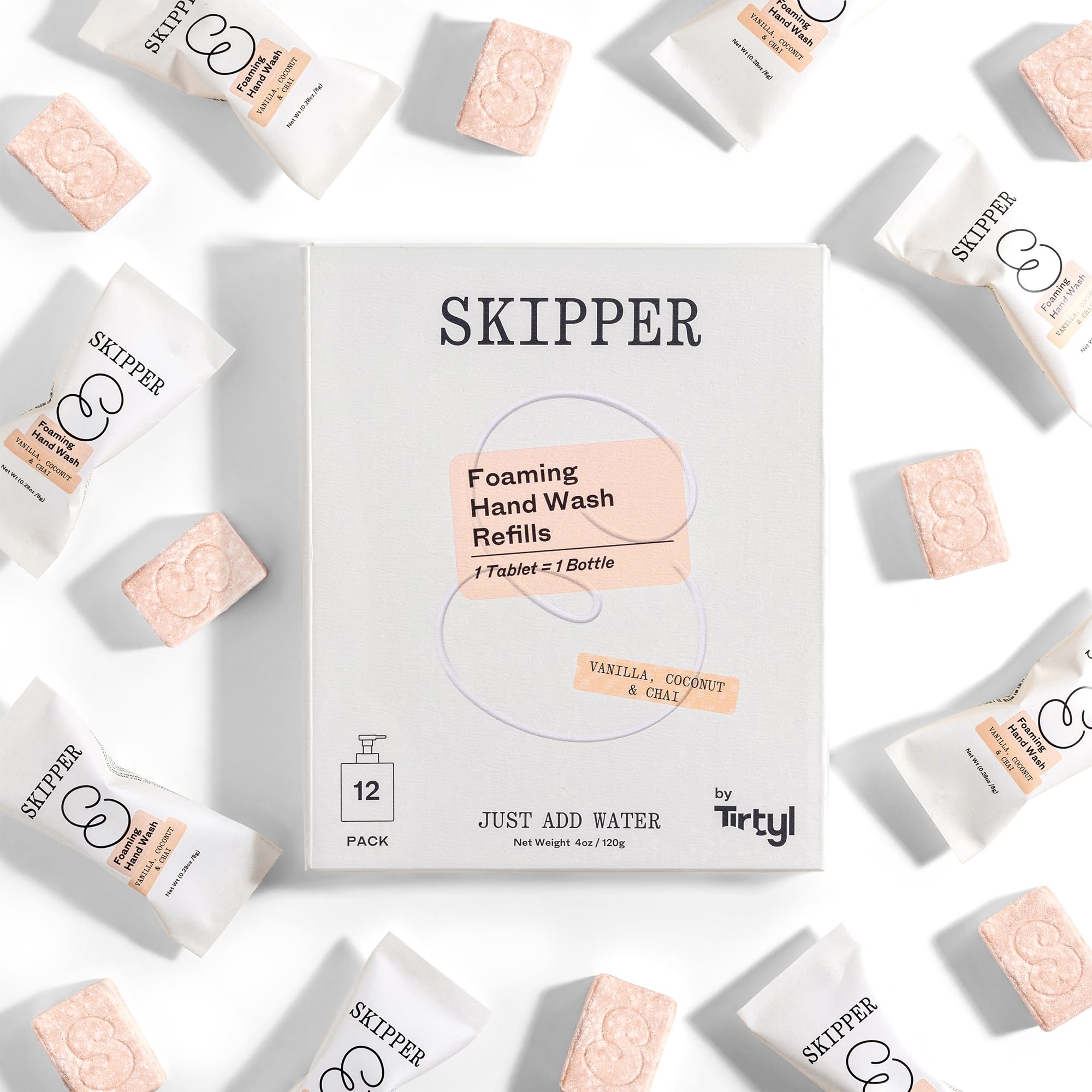 Tirtyl Skipper Foaming Hand Soap Tablet Refills - 12 Pack - 96 fl oz total (12x 8 fl oz) - Rebranded - Compostable Packaging - Vanilla, Coconut & Chai