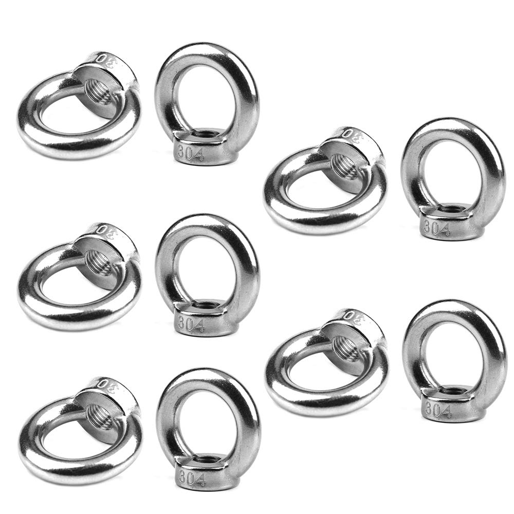 10 Pcs M6 Lifting Eye Nut Lifting Ring Eyebolt Nuts Silver 304 Stainless Steel Ring Shape Lifting Eye Nut for Lifting Accessories Rope Fitting