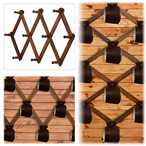 Dseap Accordian Wall Hanger: 16β High Wooden Wall Expandable Coat Rack, Hat Rack Holder, Accordion Hook for Baseball Caps, Coats, Mugs, 10 Peg Hooks, Brown