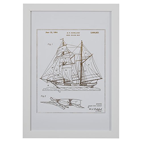 Amazon Brand – Stone & Beam Modern Gold Ink Reprint of Sailing Ship Patent, White Frame, 15" x 21"