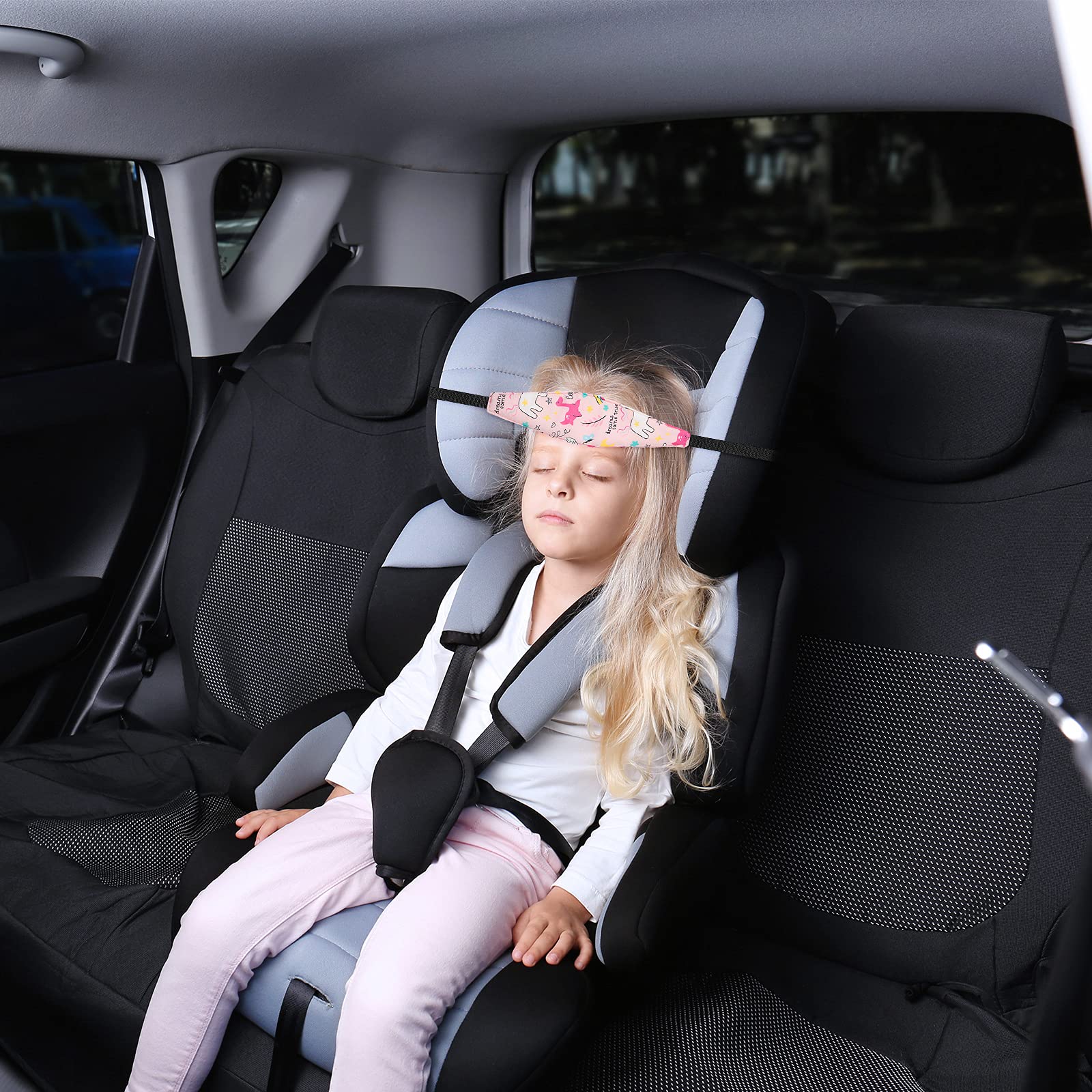 HESTYA 2 Pieces Baby Carseat Head Support Band Strap Headrest Stroller Seat Sleeping Headrest Neck Relief Head Strap Headband for Kids Children Toddler Infant(Unicorns and Dinosaurs)