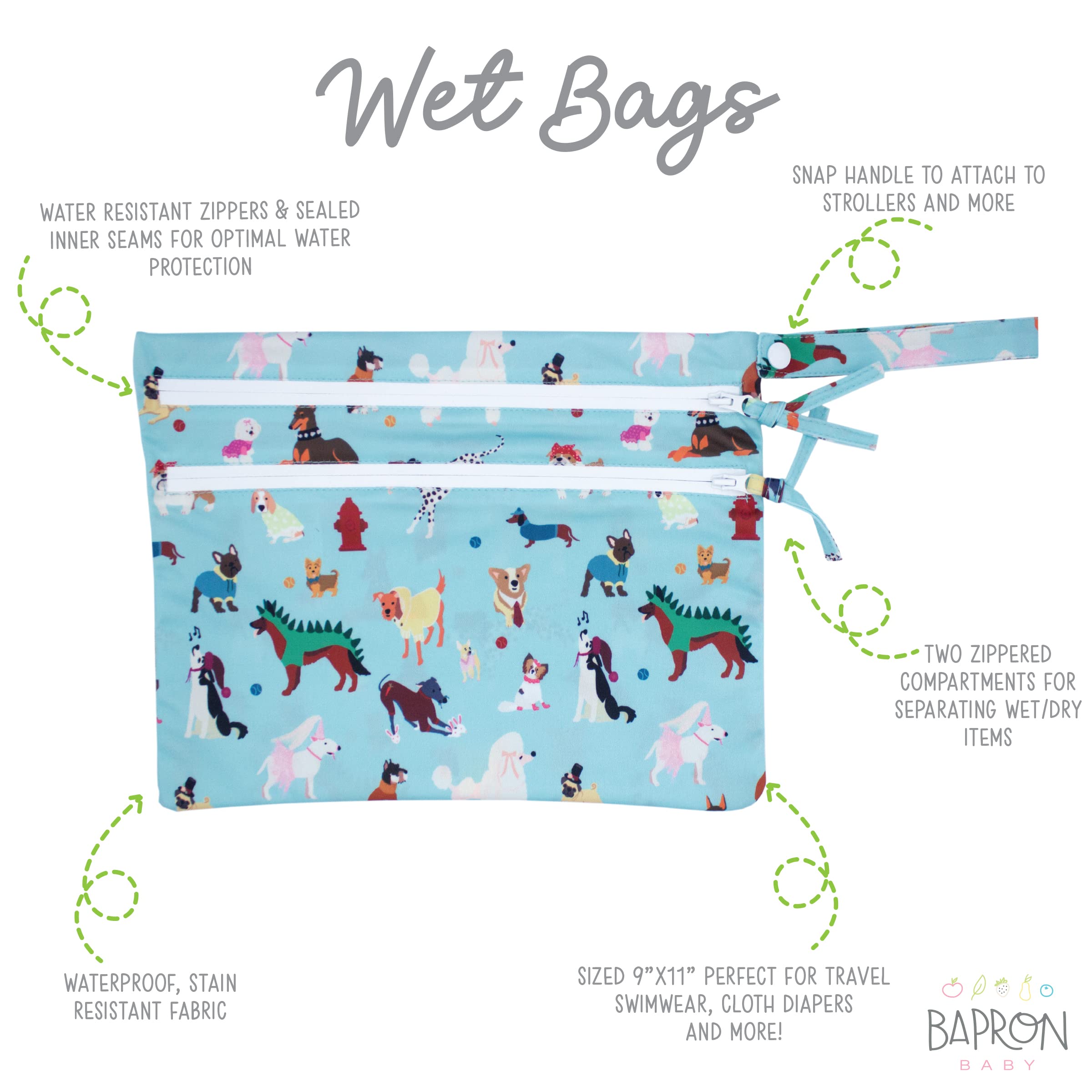 BapronBaby Dog Dress-Up Wet Dry Bag - Waterproof Two Zipper Pockets - Reusable for Mealtime, Diapers, Stroller, Snacks, Swimsuits - Machine Washable - 11" x 9"