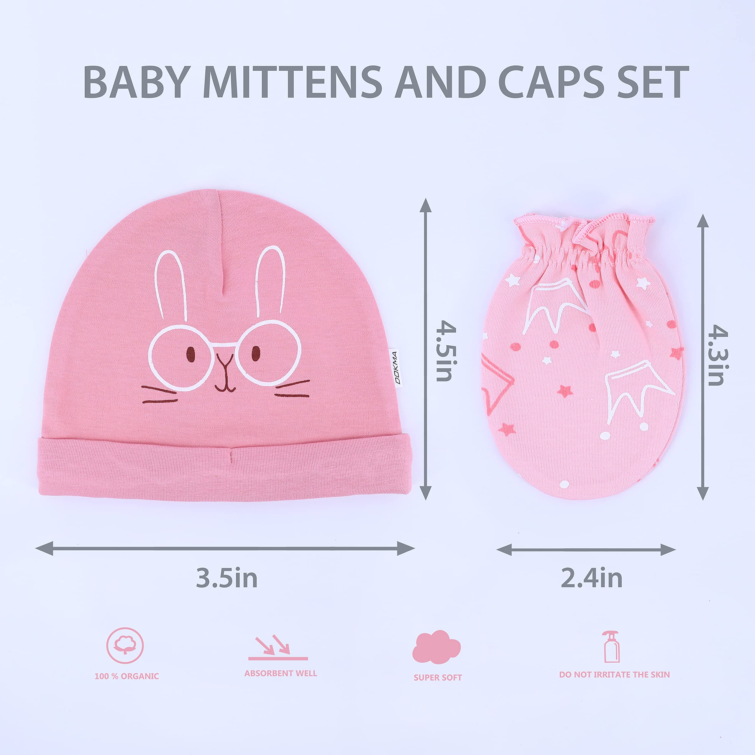 DOKMA Organic Cotton Baby Mittens and Caps Set - Mittens for Newborn 0-6 Months - Ultra Soft, No Scratch - 5 Caps x 3 Mittens