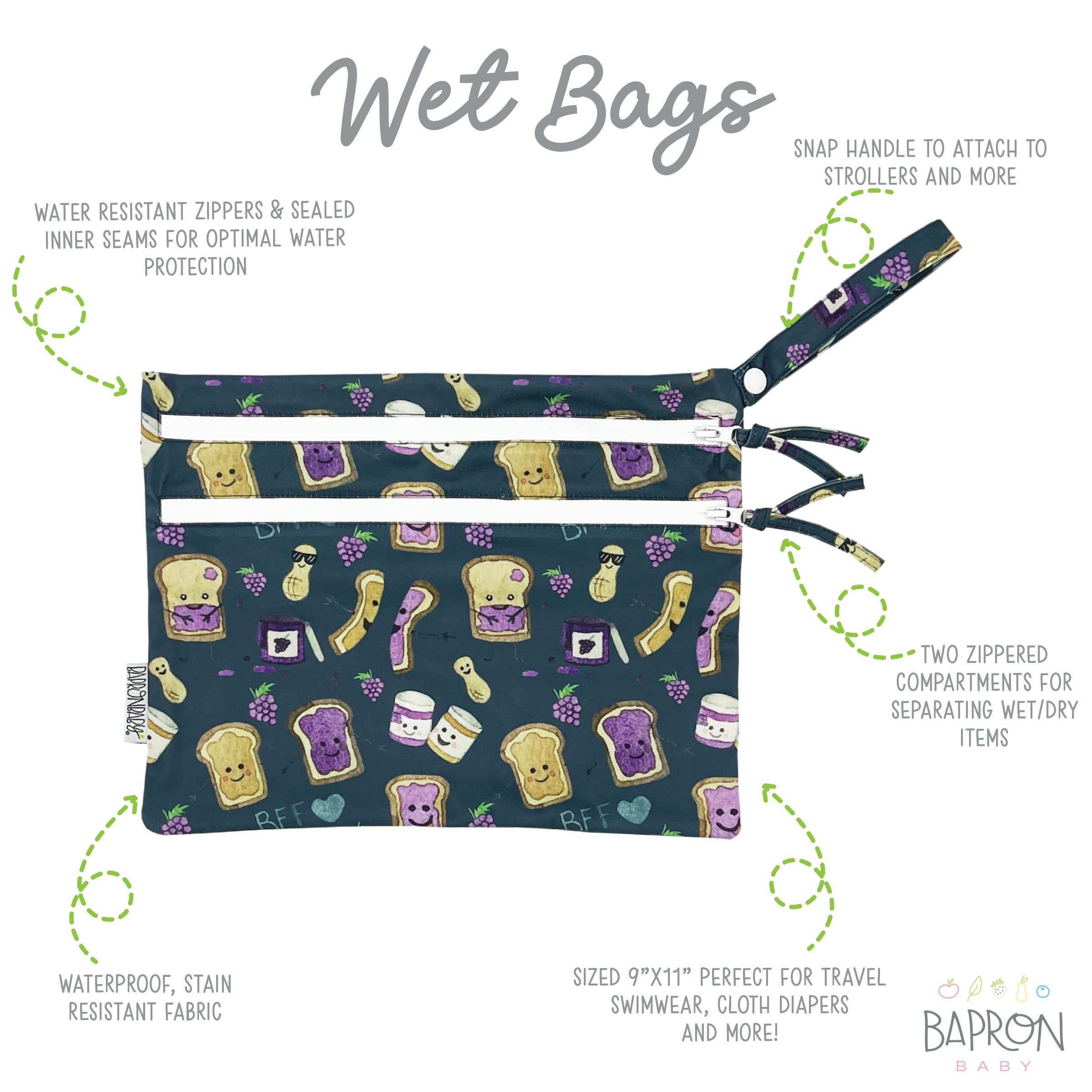 BapronBaby PBJ Pals Wet Dry Bag - Waterproof Two Zipper Pockets - Reusable for Mealtime, Diapers, Stroller, Snacks, Swimsuits - Machine Washable - 11" x 9"