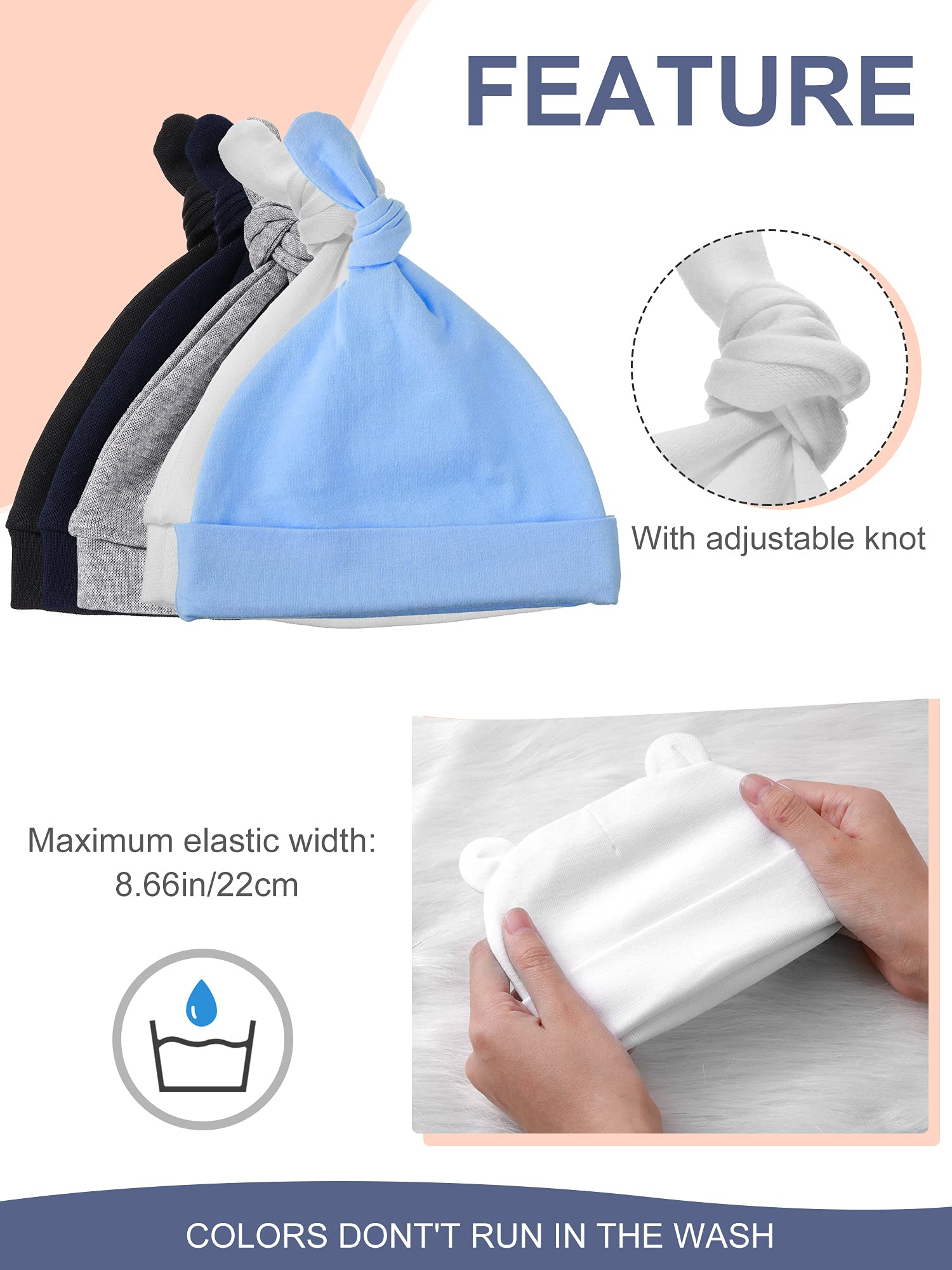 Baby Hats Newborn Knot Beanie No Scratch Mitten Non-Slip Sock for Boys and Girls (White, Gray, Black, Blue, Navy Blue,5 Sets)