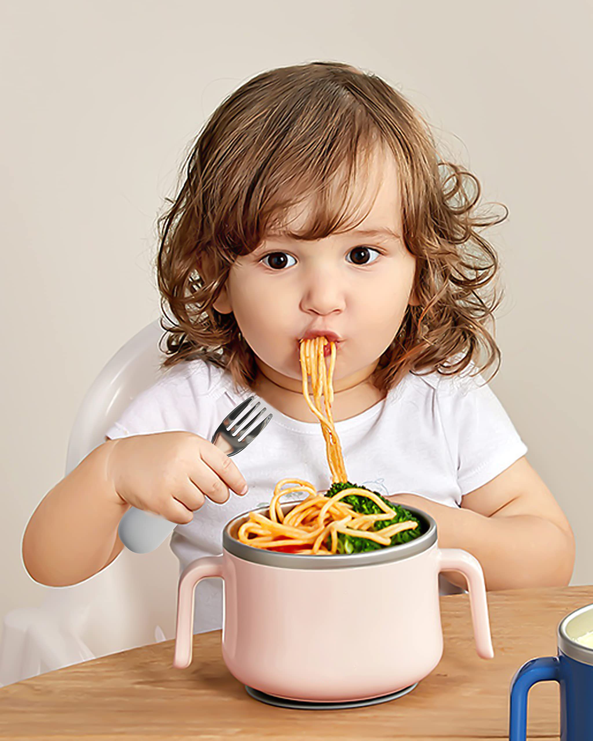 2 pcs Toddler Utensils, Stainless Steel Toddler Silverware Set with Round Handle, Baby Forks for Self Feeding, 1 Toddler Fork and 1 Toddler Spoon, BPA Free
