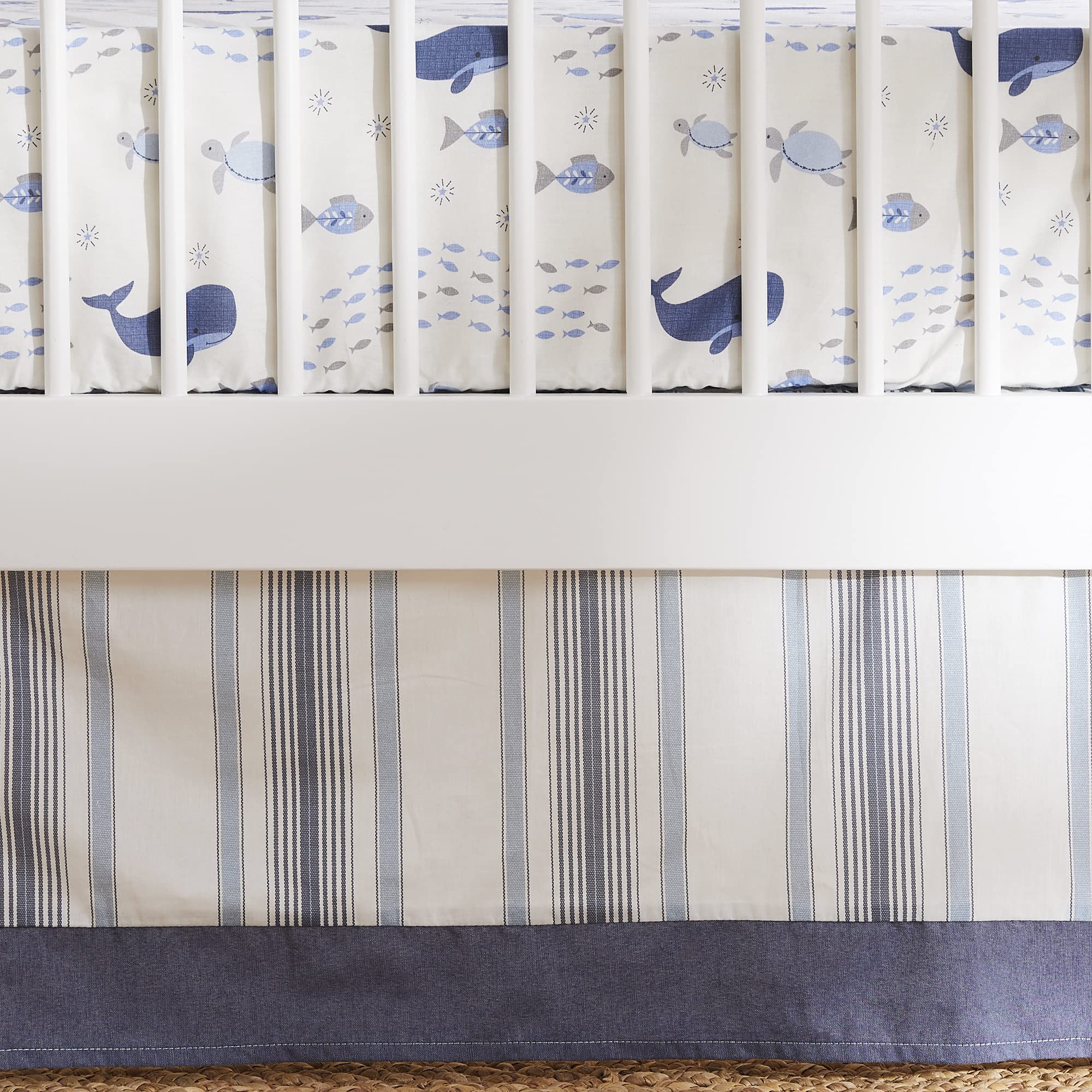 Levtex Baby - Boho Bay Crib Bed Set - Baby Nursery Set - Navy, Blue, Grey and White - Under The Sea - 5 Piece Set Includes Quilt, Two Fitted Sheets, Wall Decal & Skirt/Dust Ruffle