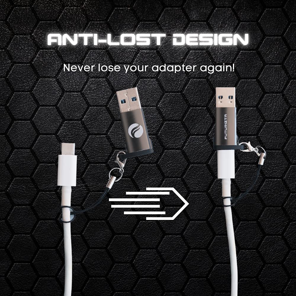 Futurizta Tech USB 3.1 Gen 1 Premium Type-C Female to USB-A Male Adapter, Support 5Gbps Data Transfer, QC3.0 Fast Charging, Military Grade Aluminium Alloy with Ergonomic Lanyard/Rope for Type-C Cable
