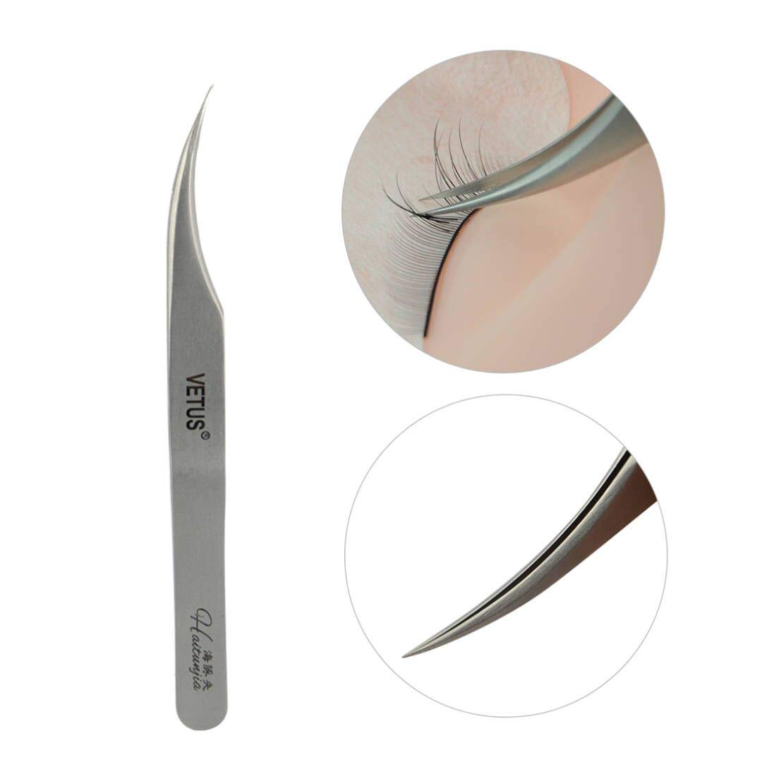 2 Pcs VETUS Eyelash Extension Tweezers Dolphin-shaped and Curved Tip Tweezers Professional Volume & Classic Tweezers Set with Black Leather Sheath(Jinyujia&Haitunjia)