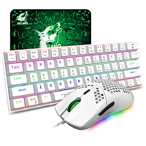 60% True Mechanical Gaming Keyboard Mouse Set, Type C Wired 61 Keys Layout Rainbow LED Backlit USB Waterproof Keyboard Anti-ghosting Keys+Lightweight RGB Mice 6400DPI for Computer/PC/Laptop/MAC(White)