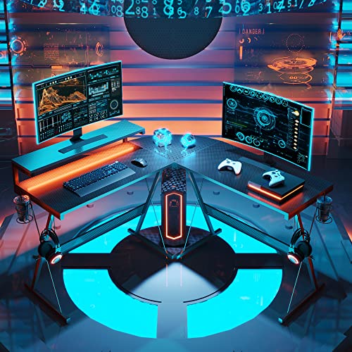 Bestier LED Gaming Desk 55" L Shaped Computer Corner Desk with 2 Cup Holders 2 Headset Hooks 36" Large Monitor Shelf Home Office Desk Bedroom Reversible 72" Long Desk for 2 Persons, Black