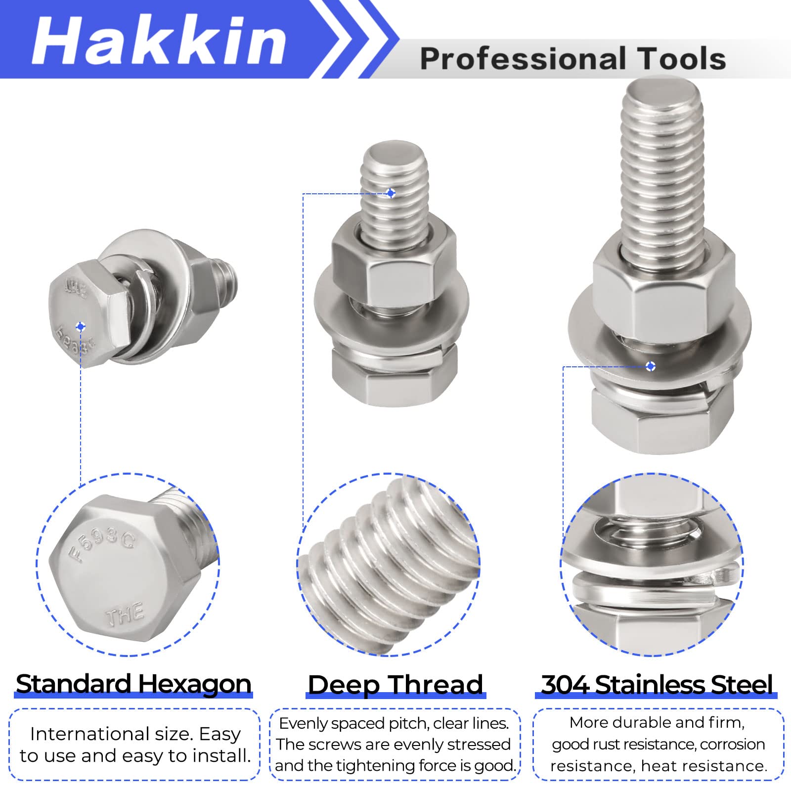 Hakkin 240Pcs Hex Bolts and Nuts Kit Stainless Steel Spring Washers Assortment Kit, 3/8" 1/4" 5/16", 10 SAE Sizes Machine Screws Set with Storage Case