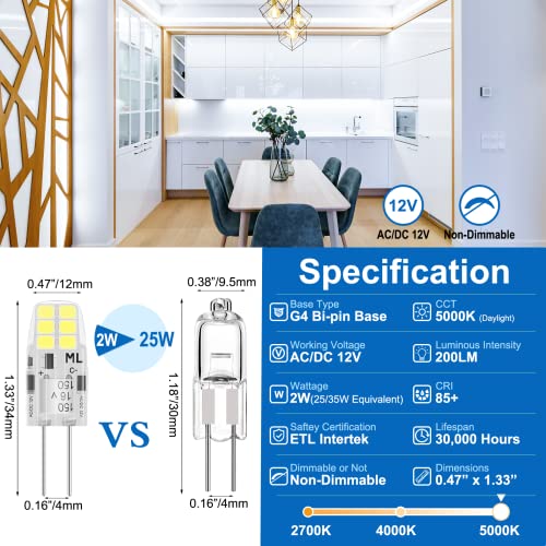 winshine G4 LED Bulb 12V AC/DC, 5000K Daylight, 20/35W Halogen Equivalent, Bi-pin Base LED Landscape Light Bulbs, 2W T3 JC Type Light Bulbs For Under Cabinet, Counter, 360° CRI85+ Non-dimmable 10 Pack