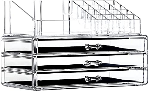 Cq acrylic 2 Pack Clear Skincare Organizer for Vanity,Stackable 3 Drawers Make Up Organizers,Cute Cosmetic Organizer for Vanity Jewelry,Hair Clip,Beauty,Skincare Product Dresser Acrylic Desk Organizer