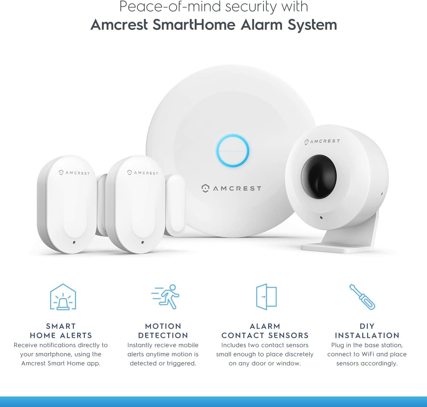 Amcrest Home Security System, DIY Smart Home Alarm System for Home with No Monthly Fees, Remote Arm/Disarm & Phone App Alerts, 4 Pieces-Kit (PIR Motion Sensor, Door Window Sensor, Alarm Hub)