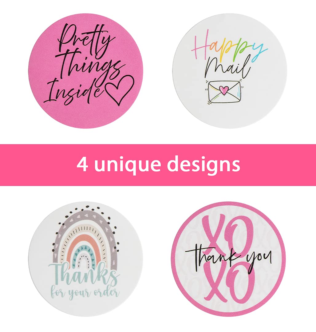 Assorted Cute Packaging Stickers - Roll of 500 - Four Fun Designs - 1.5" Round Glossy Sealers for Small Business - Happy Mail - Thank You for Your Business/Pretty Things Inside