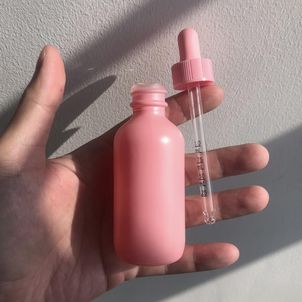 seafulee 2 oz Pink Coated Glass Dropper Bottles (60ML) with Glass Eye Dropper, UV Safe Bottles for Essential Oils and Aromatherapy (Pack of 12)