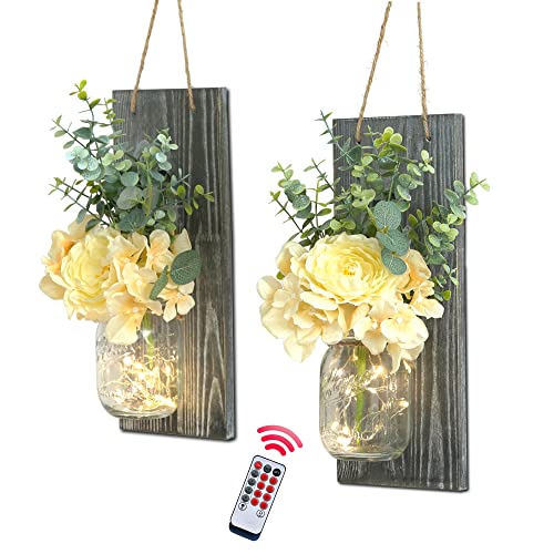 Besuerte Rustic Mason Jar Wall Decor Sconces Country Vintage Farmhouse Home Bedroom Living Room Wall Art Decor with Remote,Rose Flowers&LED Fairy Lights,Set of 2(X-Large, Gray) Upgrade…