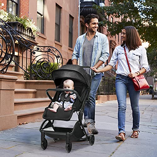 BABY JOY Lightweight Baby Stroller, Infant Stroller w/Easy One-Hand Fold, Adjustable Backrest/Footrest/Canopy, 5-Point Harness & Storage Basket, Compact Toddler Travel Stroller for Airplane (Black)