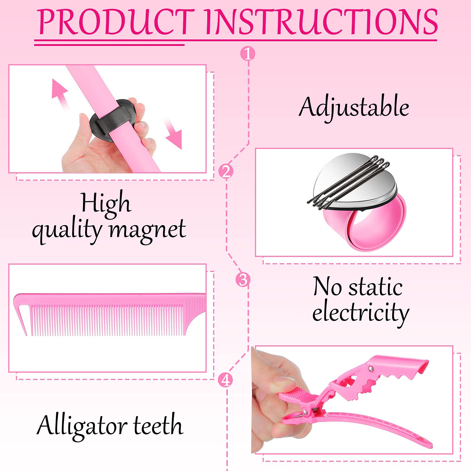 Nuenen Hair Braiding Tools 7 Pieces Set Including Magnetic Pin Wristband, Stainless Steel Rat Tail Combs, and Wide Teeth Alligator Sectioning Hair Clips (Pink)